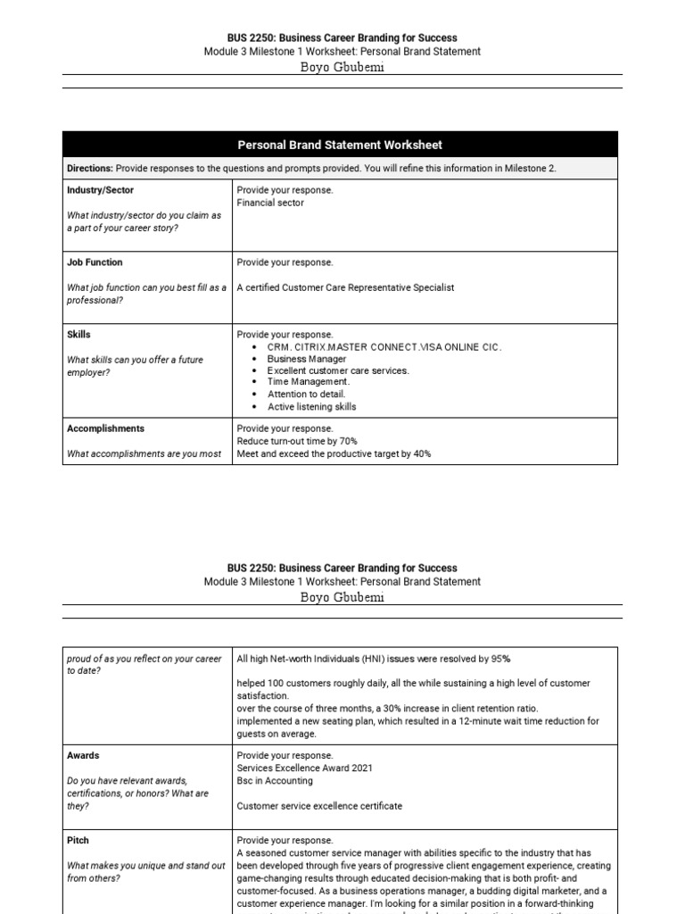 Personal Brand Statement Worksheet | PDF | Business | Communication