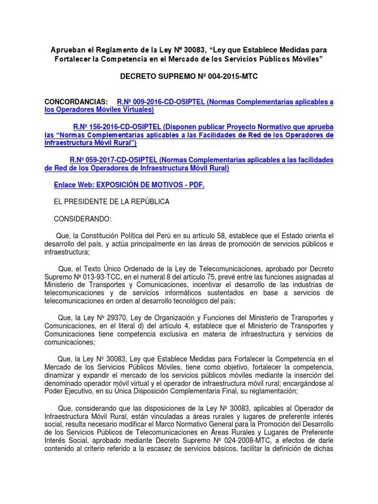 Decreto Supremo #004-2015-MTC | PDF | Telefonía móvil | Infraestructura