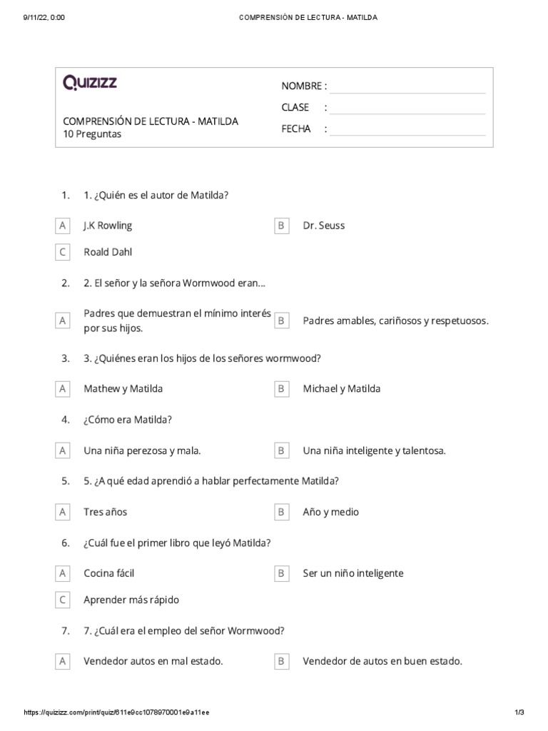 Comprensión de Lectura - Matilda | PDF