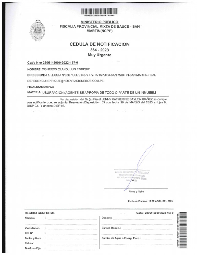 CEDULA DE NOTIFICACION N°364-2023 - Sauce | PDF