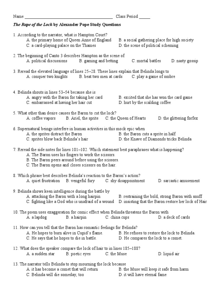 The Rape of The Lock Study Questions | PDF | Poetry | Classics