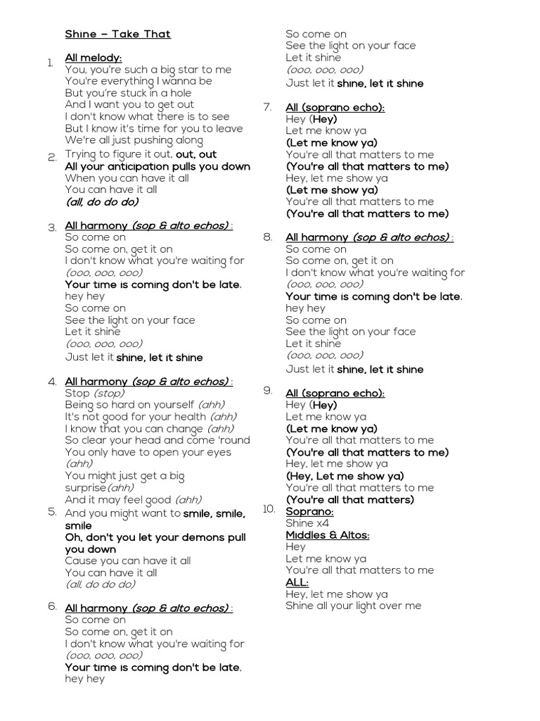 Shine - Take That Lyrics | PDF | Recorded Music | Vocal Music