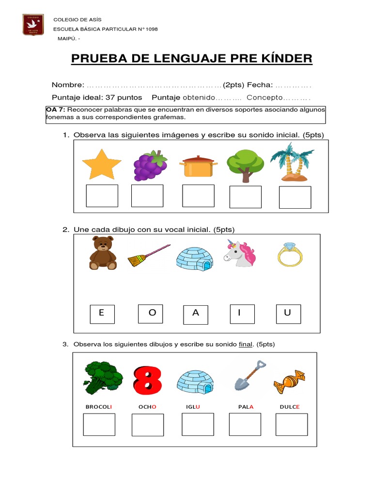 Prueba de Lenguaje Pre Kínder | PDF