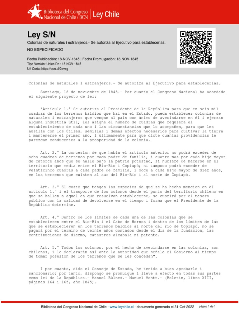 Ley S_N_18 NOV 1845 Ley Colonizacion Chile | PDF | América del Sur ...