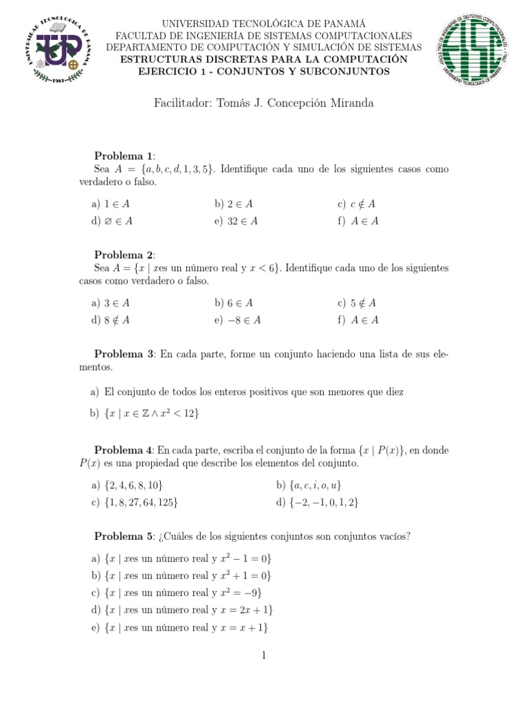 Edc Ejercicio 01 Conjuntos Subconjuntos | PDF | Conjunto (Matemáticas ...