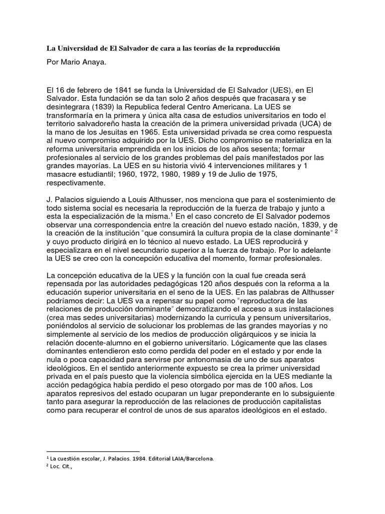 Mario Anaya Terorias de La Reproduccion | PDF | El Salvador