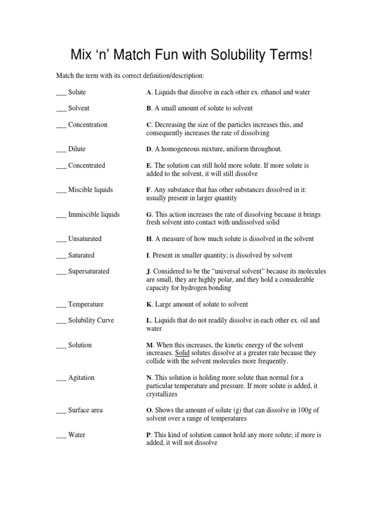 01 Solutions Key Terms Pdf Solvation Solubility