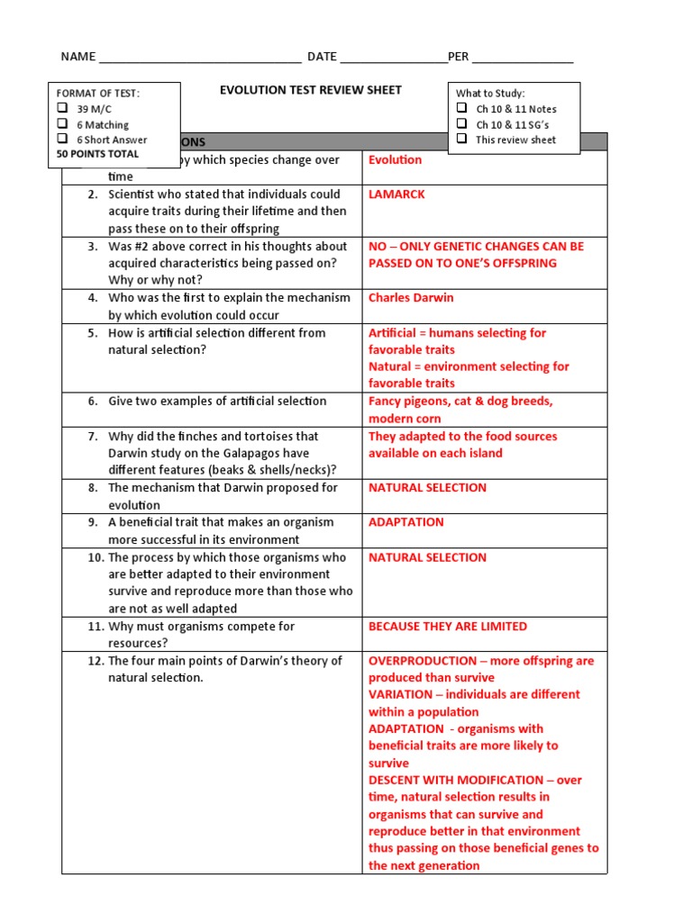 Evolution Test CH 10 and 11 Review Sheet ANSWERS | PDF | Natural ...