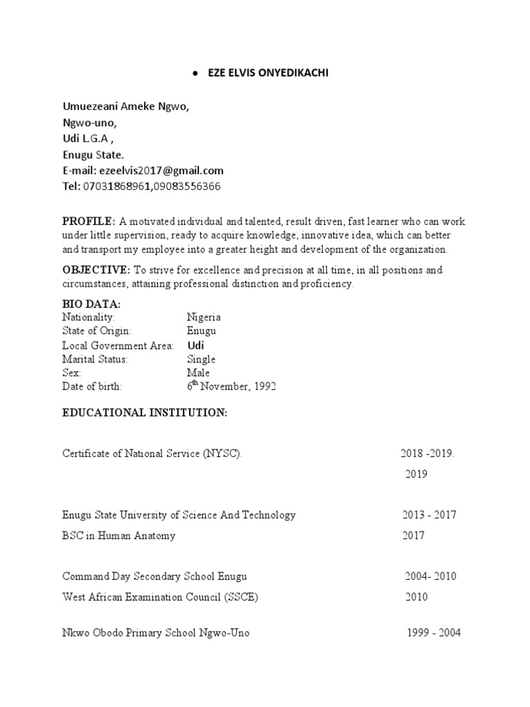 Eze Elvis Onyedikachi CV: Skills & Education | PDF | Career & Growth ...