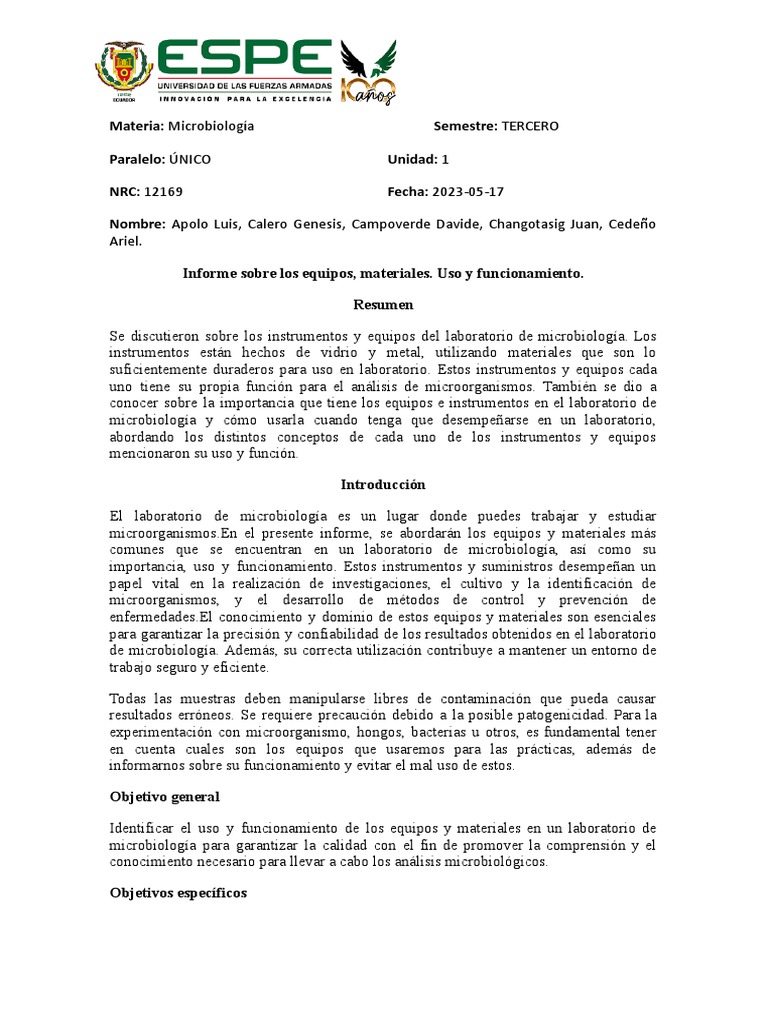 Informe Sobre Los Equipos, Materiales - Uso y Funcionamiento. | PDF ...