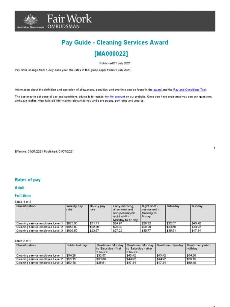 Cleaning Services Award Pay Guide | PDF | Overtime | Shift Work