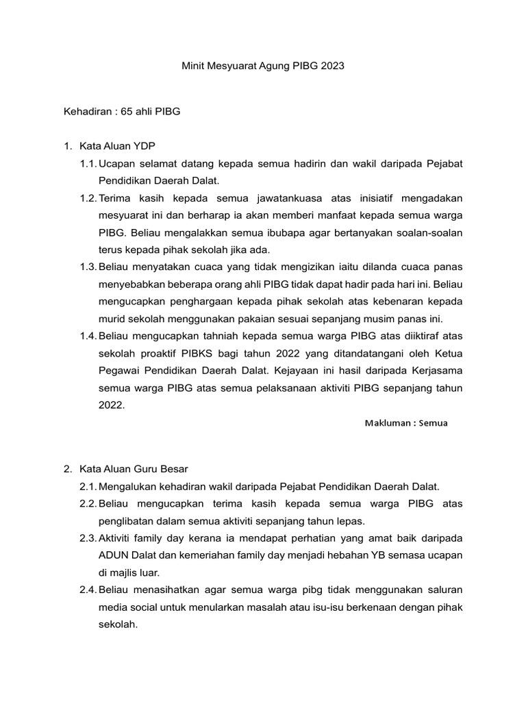 Minit Mesyuarat Agung PIBG 2023 | PDF