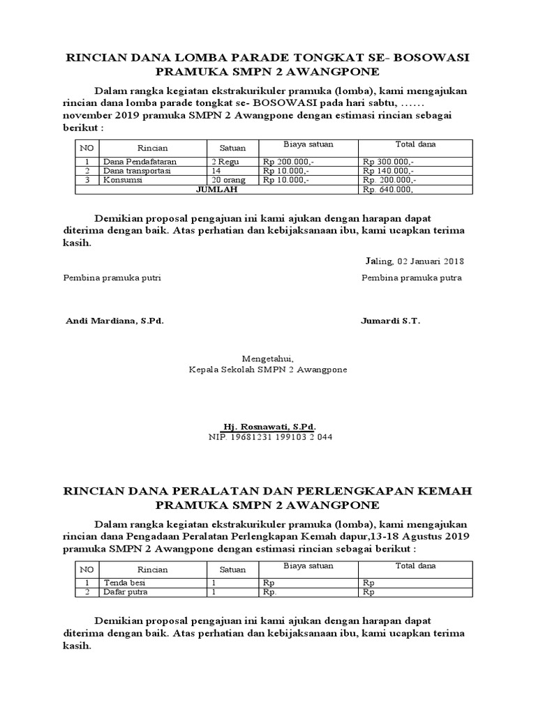 Proposal Pengajuan Pembelian Perlengkapan Pramuka SMPN 2 Awangpone | PDF