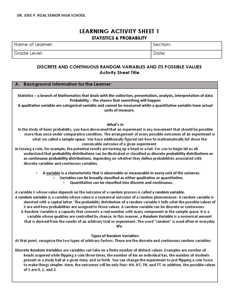 LAS1 - STATS-2nd Sem | PDF | Probability Distribution | Random Variable