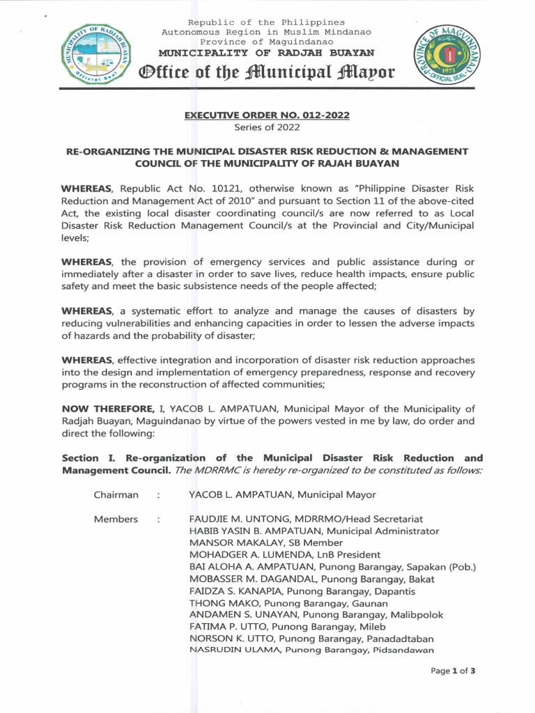 EO Reorganizing MDRRMC 2022 | PDF