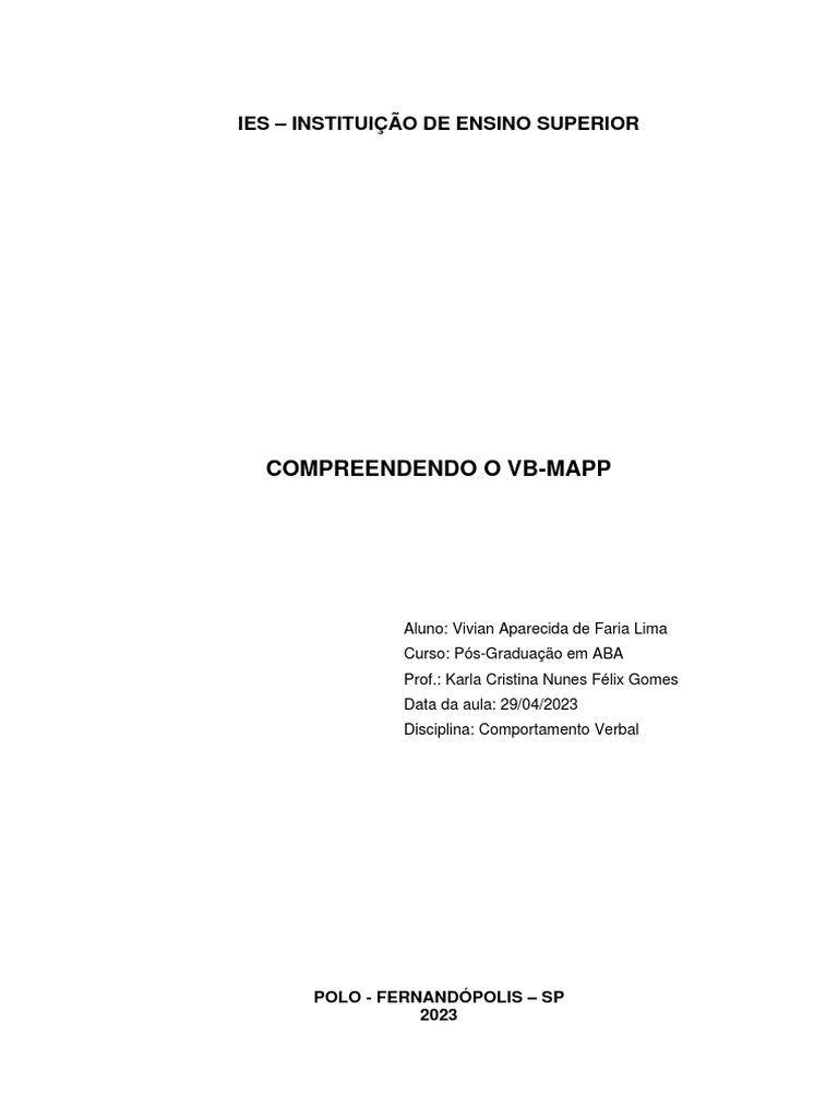 Compreendendo o VB-Mapp | PDF | Aprendizado | Espectro do autismo