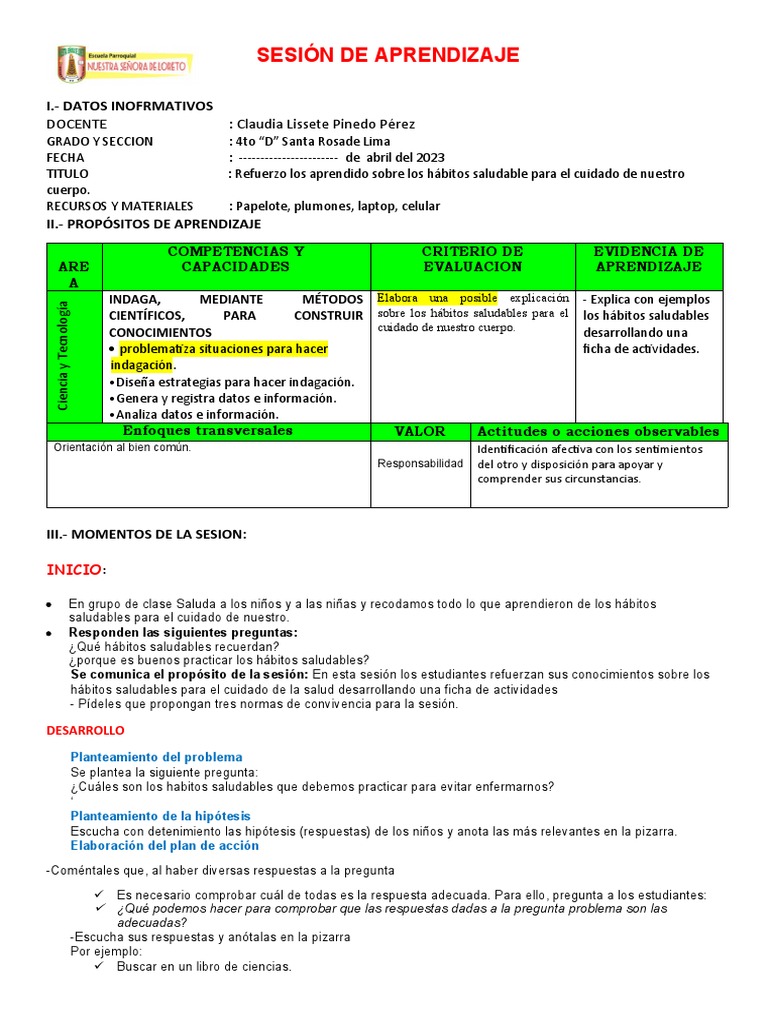 SESIÓN DE APRENDIZAJE Ciencia y Tecnologia Repasamos Lo Parendido de ...