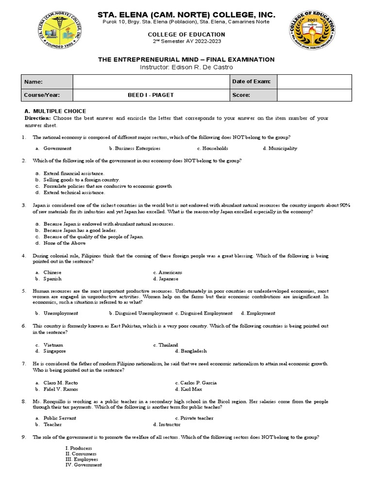 The Entrepreneurial Mind AY2022 2023 BEED I PIAGET Final Examination (1) | PDF | Business ...