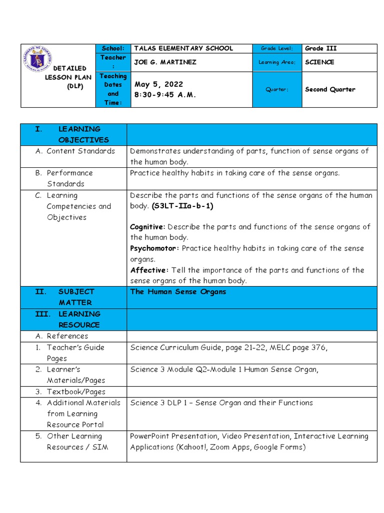 Grade 3 Science Q2 DLP - Joe G. Martinez FINAL | PDF | Senses | Taste