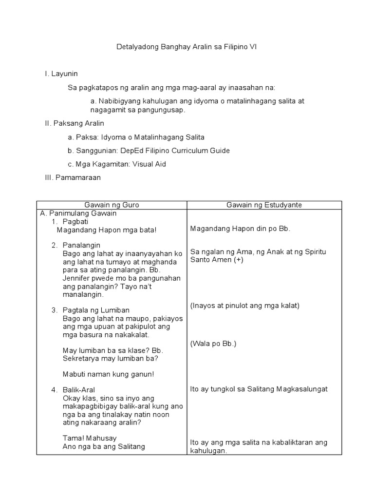 Detalyadong Banghay Aralin Sa Filipino VI | PDF