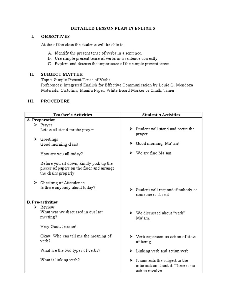 Simple Present Tense Lesson Plan | PDF | Verb | Grammatical Tense