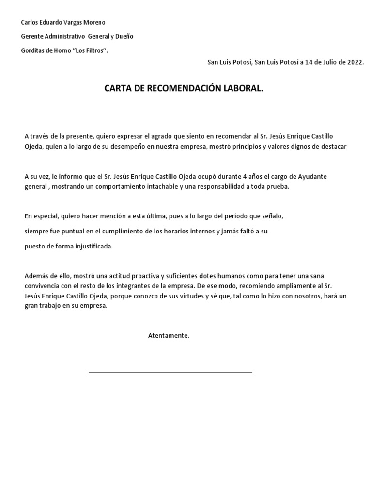 Carta de Recomendación Laboral Jesús Enrique Castillo Ojeda | PDF