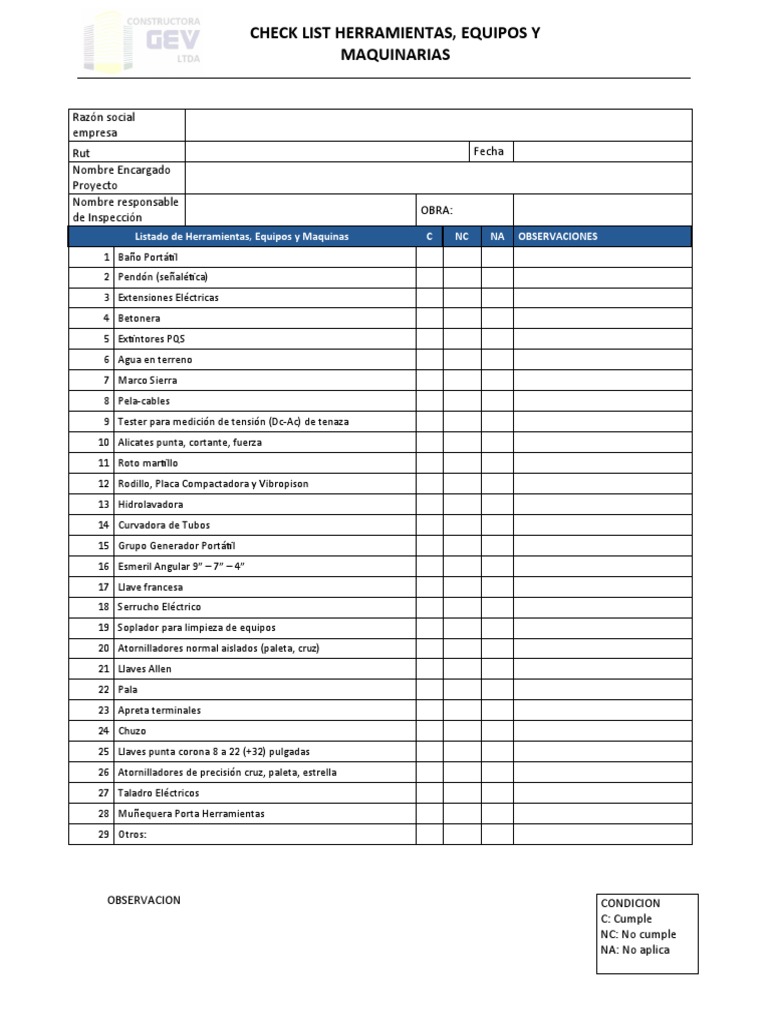 Check List Herramientas Equipos y Maquinaria GEV Ltda. | PDF | Herramientas