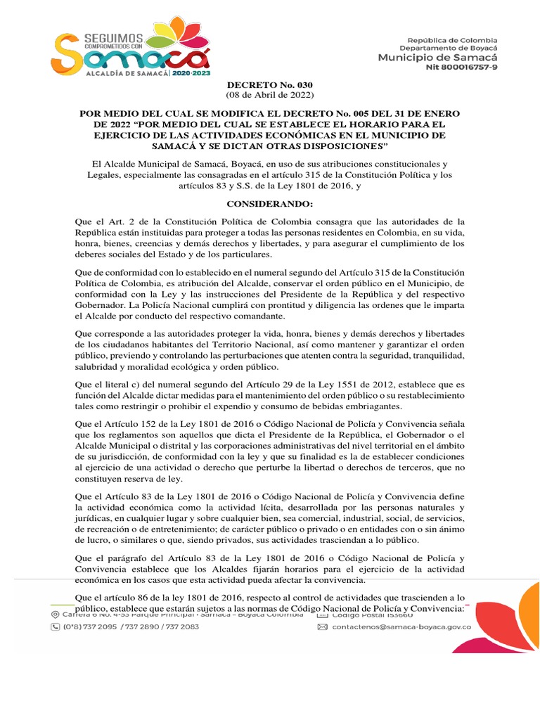 Decreto Municipal No. 030 de 2022 | PDF | Alcalde | Estatuto