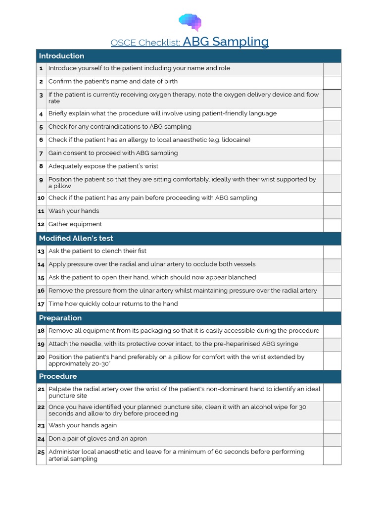 OSCE Checklist ABG Sampling | PDF | Syringe | Medical Specialties