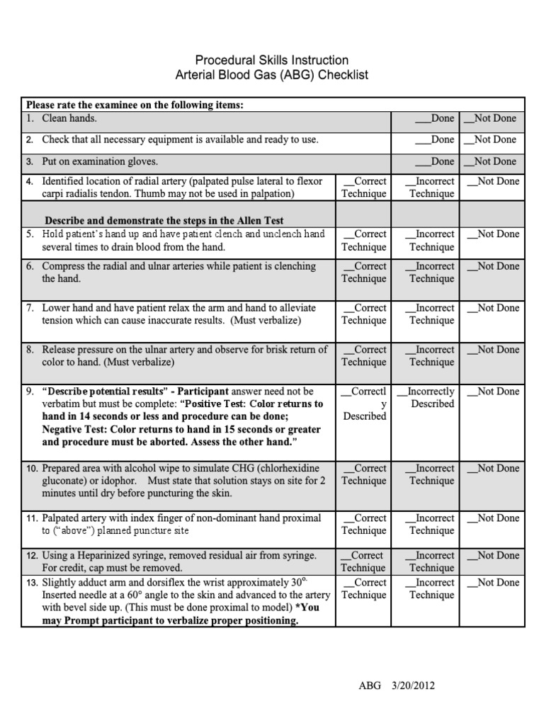 Procedural Skills Instruction Arterial Blood Gas (ABG) Checklist | PDF ...