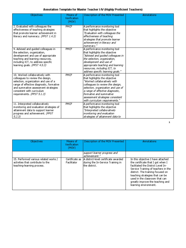 Annotation Template For Master Teacher I-Iv | Download Free PDF ...