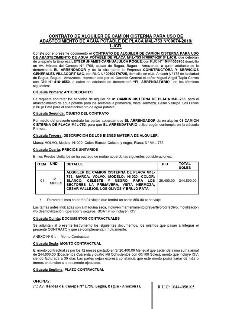 Contrato De Alquiler De Camion Cisterna Para Uso De Abastecimiento De