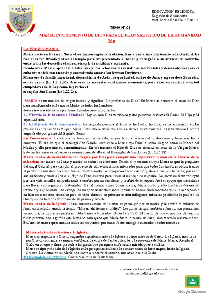 TEMA #05 - 2do Sec. María Instrumente de Dios para La Salvación | PDF | María, madre de Jesús ...
