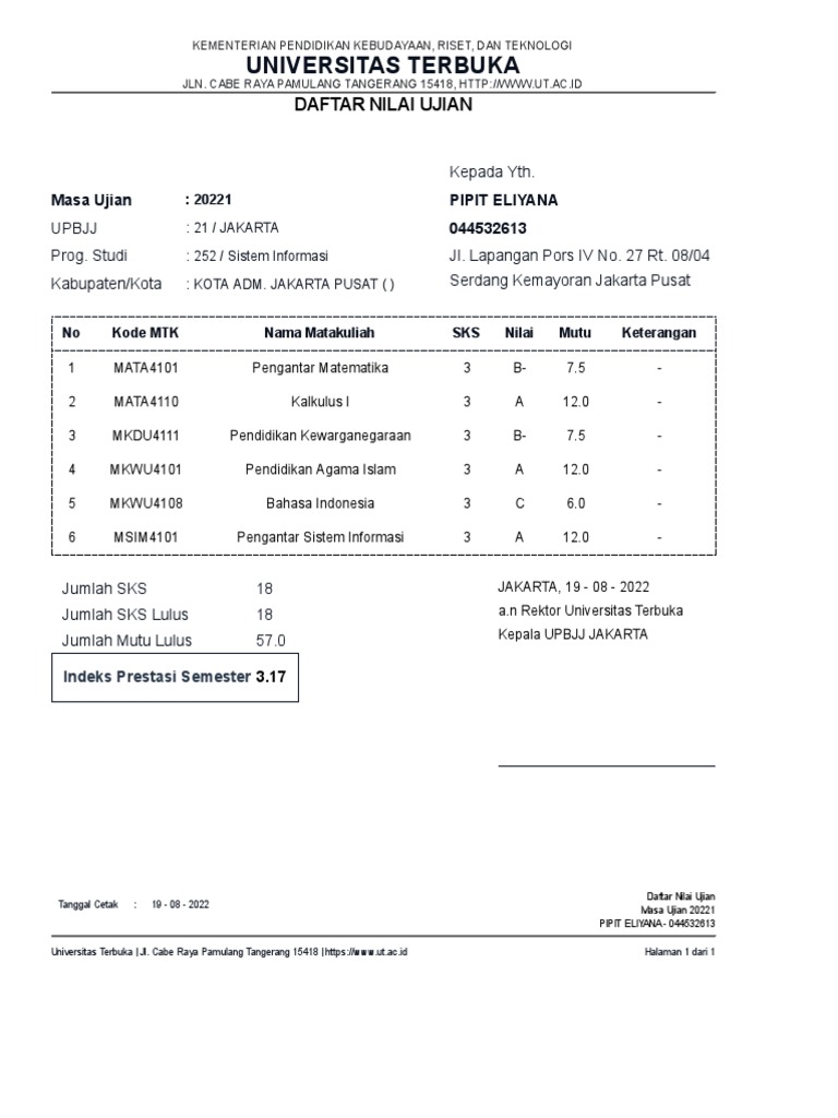 Daftar Nilai Ujian | PDF