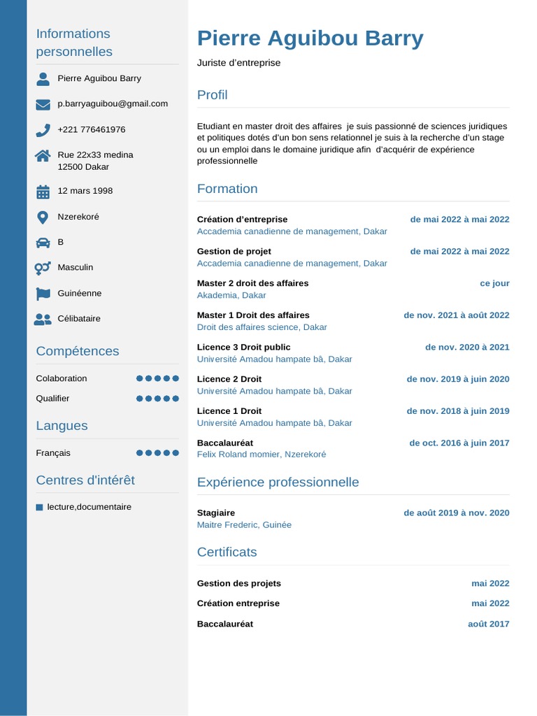 Profil de Pierre Aguibou Barry | PDF | Affaires | Droit