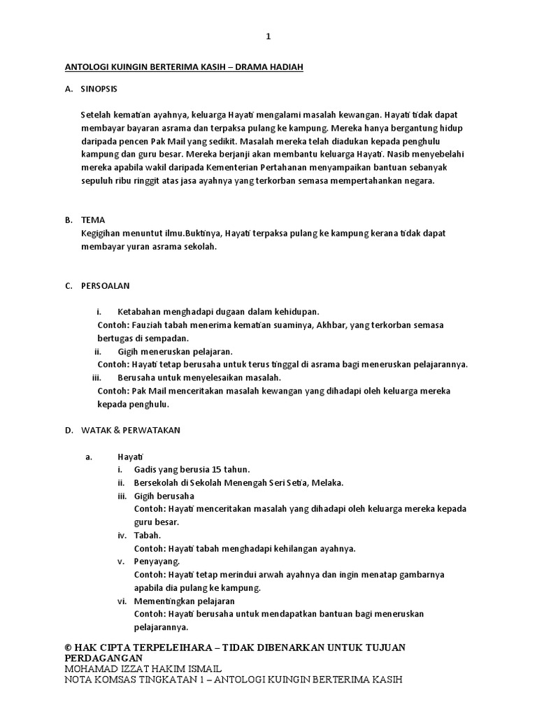 Sinopsis Drama Hadiah Tingkatan 1 | PDF