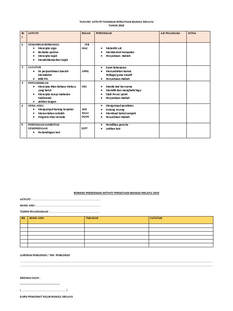 Takwim Aktiviti Tahunan Persatuan Bahasa Melayu | PDF