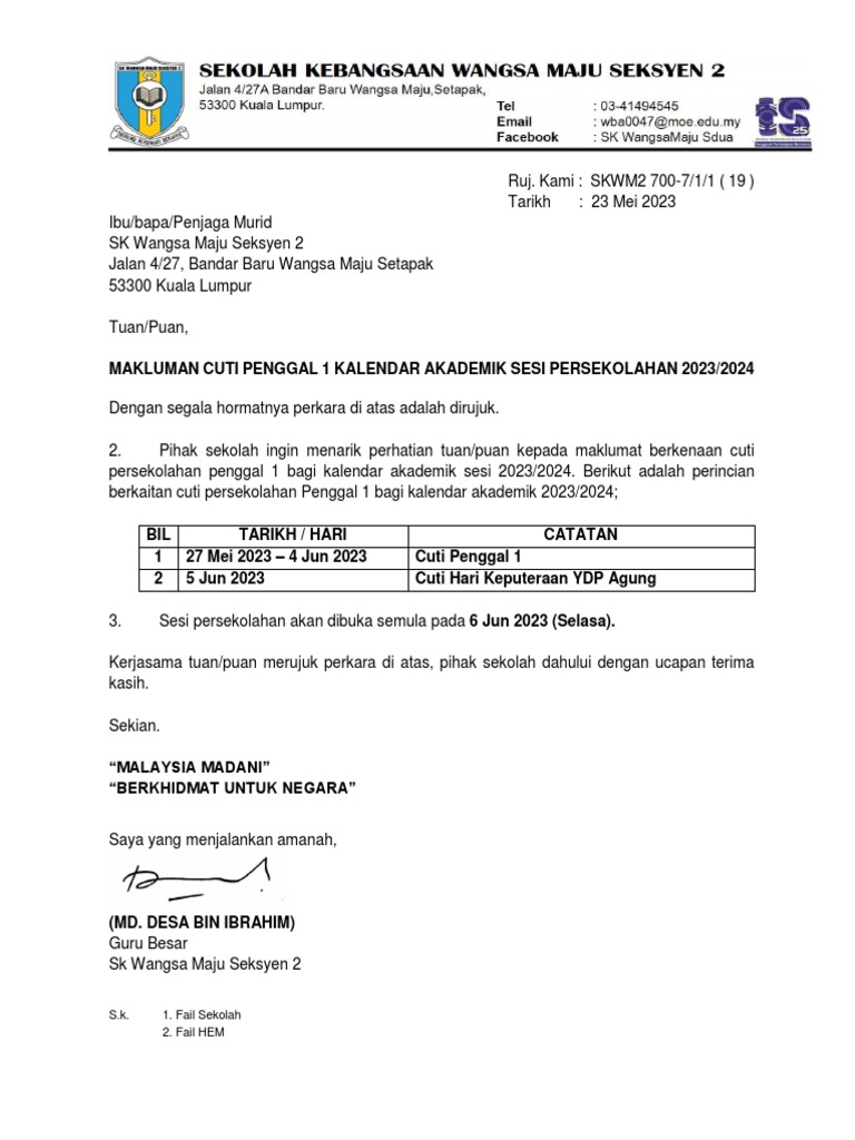 Surat Makluman Cuti Penggal 1 2023 | PDF