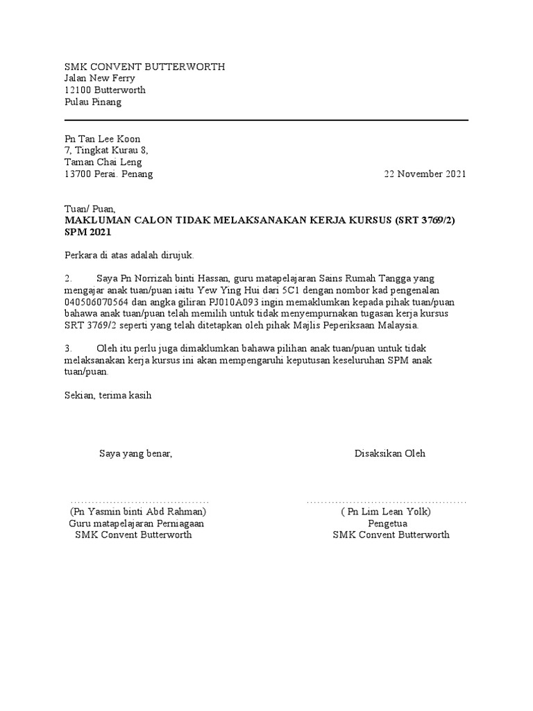 Surat Makluman Tak Hantar Kerja Kursus | PDF