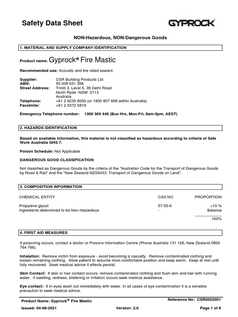 CSR Gyprock Sds Fire Mastic | PDF | Dangerous Goods | Toxicity