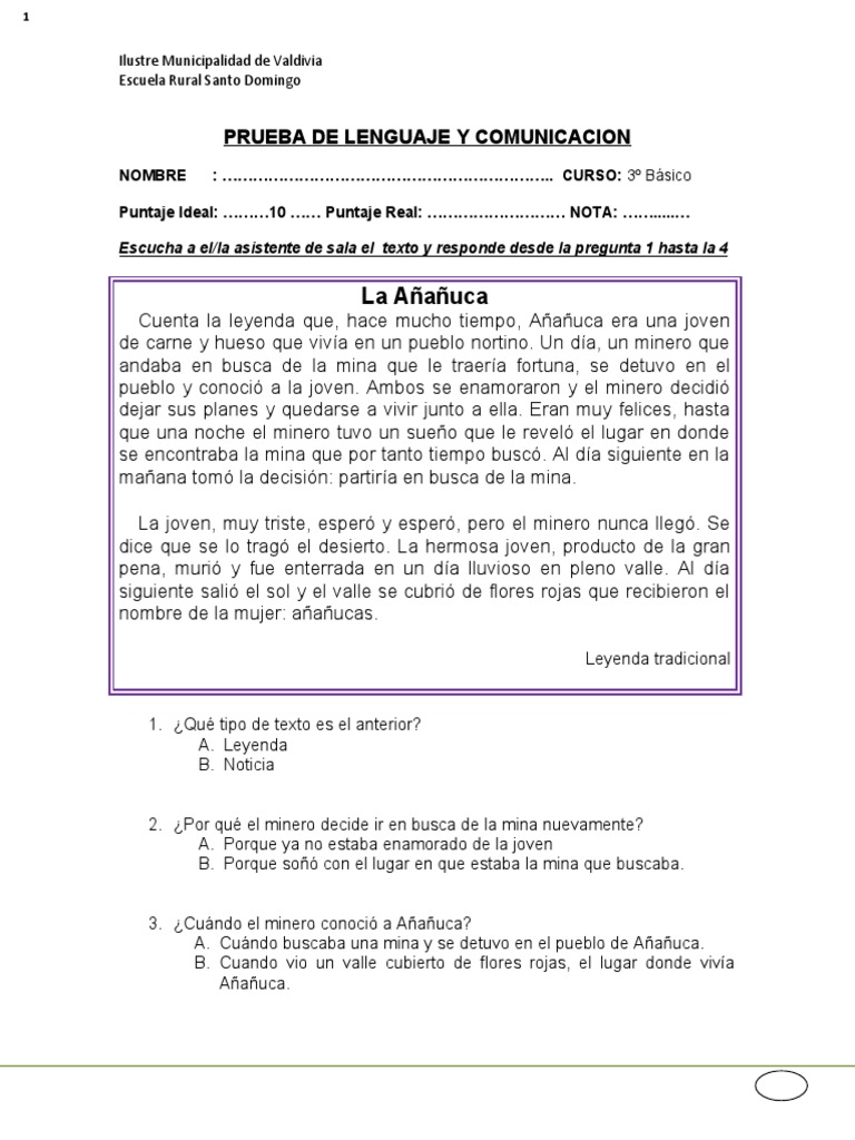 Prueba de Lenguaje 3° Basico | PDF