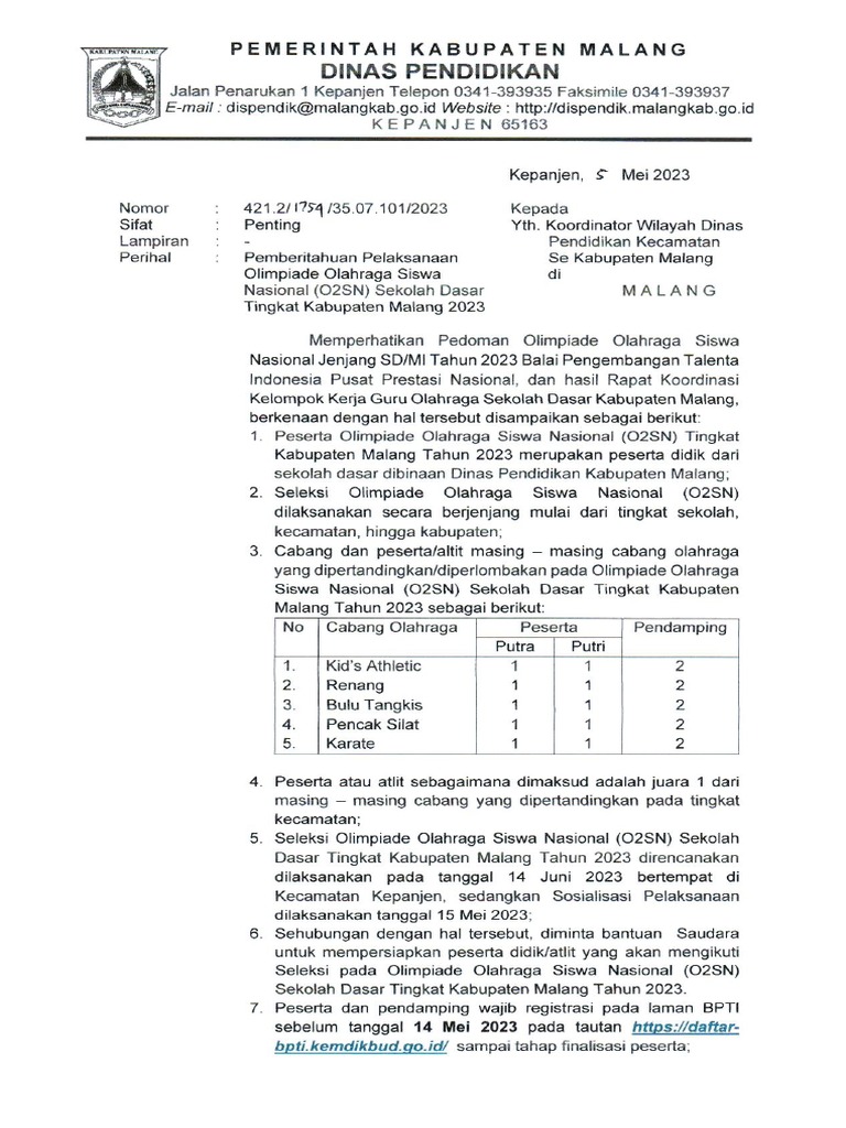 Edaran O2SN SD Kab Malang | PDF