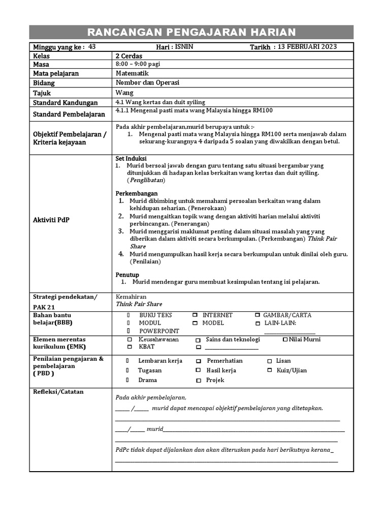 Tapak RPH Matematik M42 | PDF