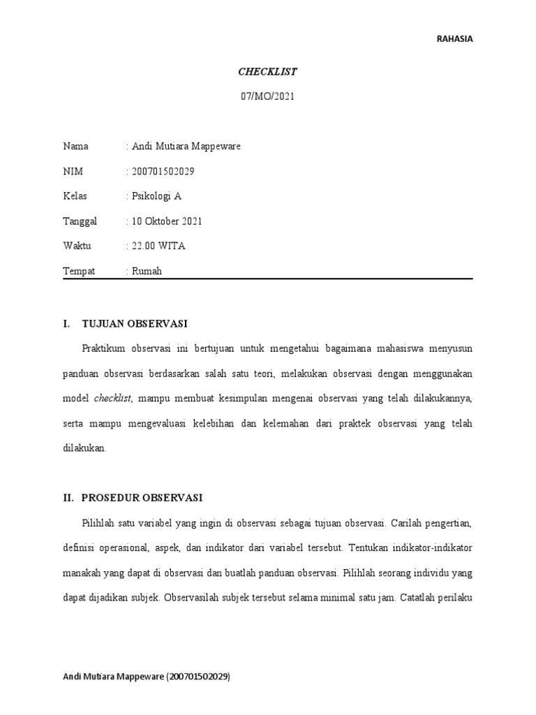Tugas Observasi Checklist - Andi Mutiara Mappeware - 200701502029 | PDF