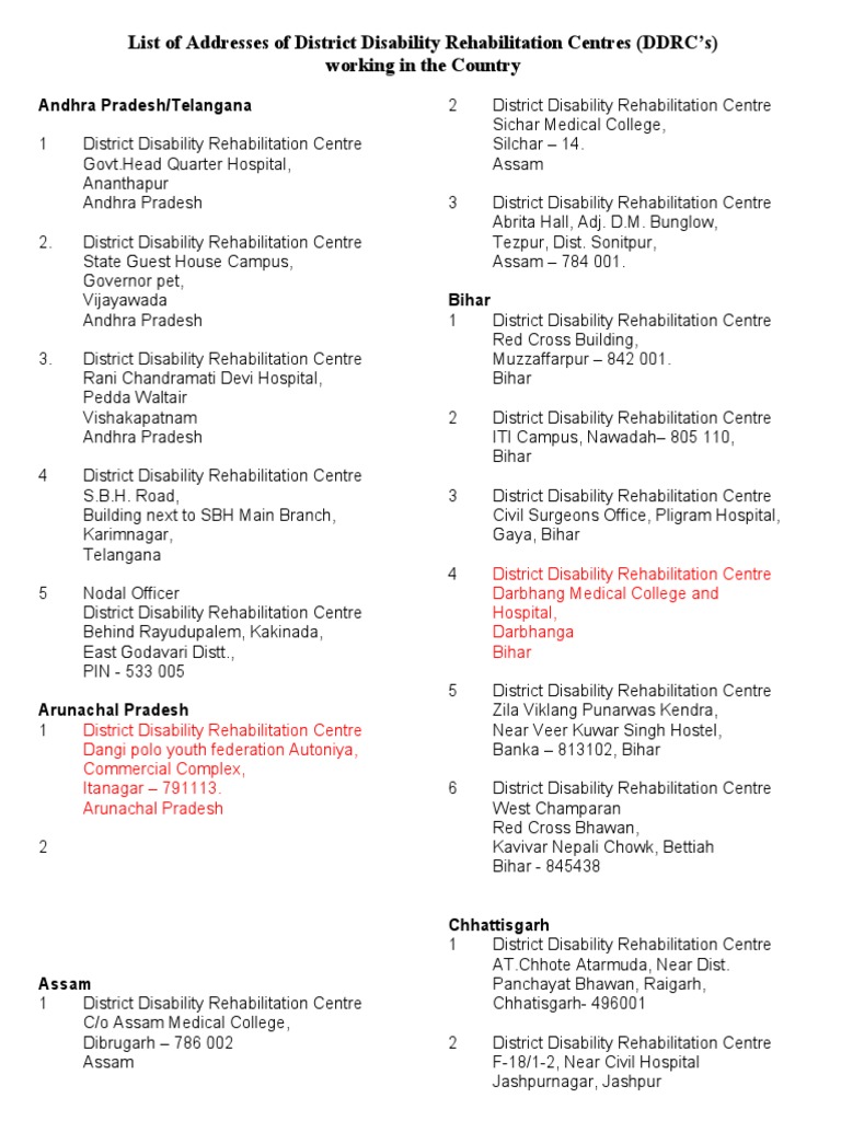 District Disability Rehab Centres List | PDF | Science | Clinical Medicine