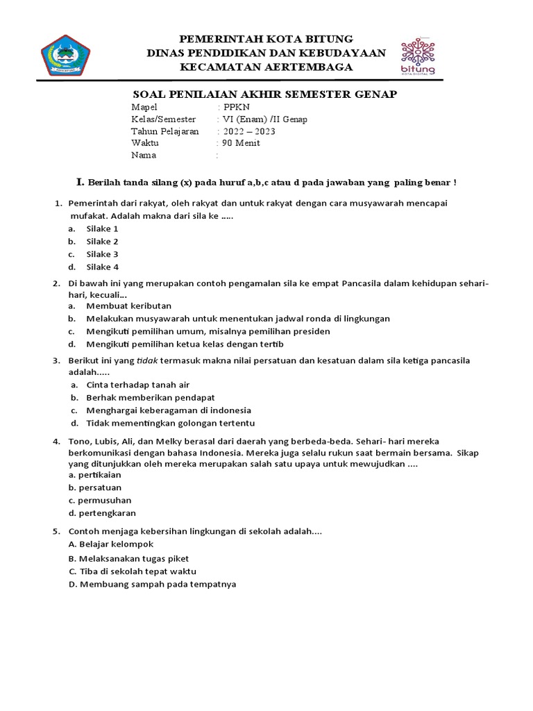 Soal PPKN Kelas VI Semester Genap | PDF