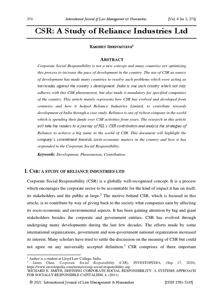 CSR-A-STUDY-OF-RELIANCE-INDUSTRIEs LTD | PDF | Corporate Social ...