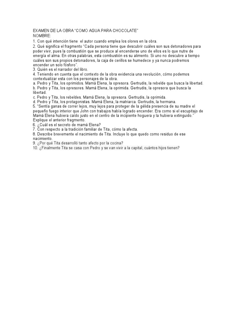 Examen Como Agua para Chocolate | PDF