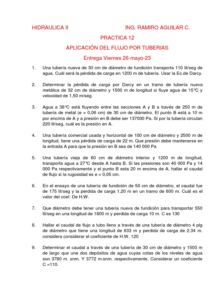 Practica 12 Aplicacion Flujo Por Tuberias 2023 | PDF