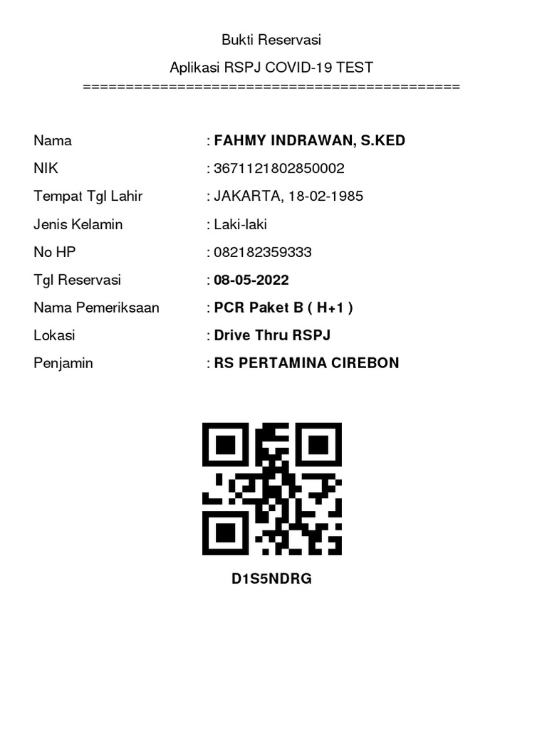 Bukti Reservasi RSPJ COVID-19 | PDF